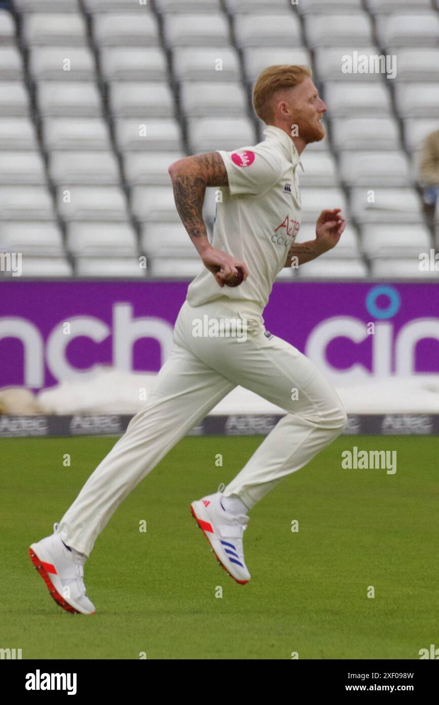Chester le Street, 30 June 2024. Ben Stokes bowling for Durham against Worcestershire in a ...