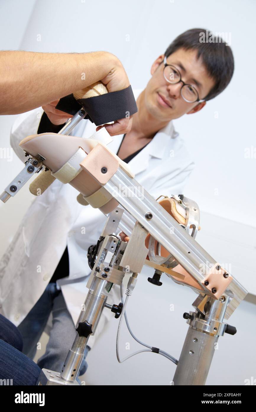 Researcher placing a patient clinical training device of the limb has ...