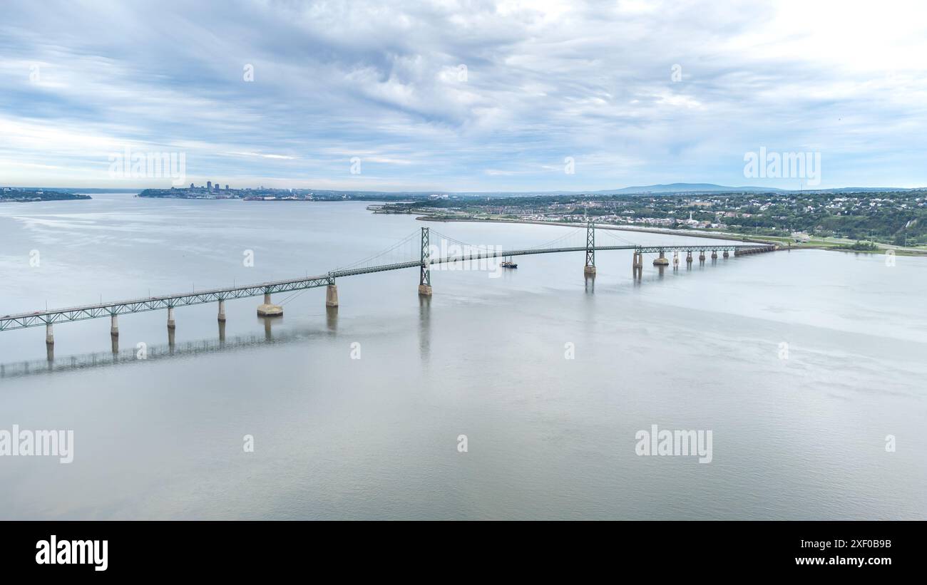 Aerial view of the old Orlean's Island Bridge over St-Lawrence river ...