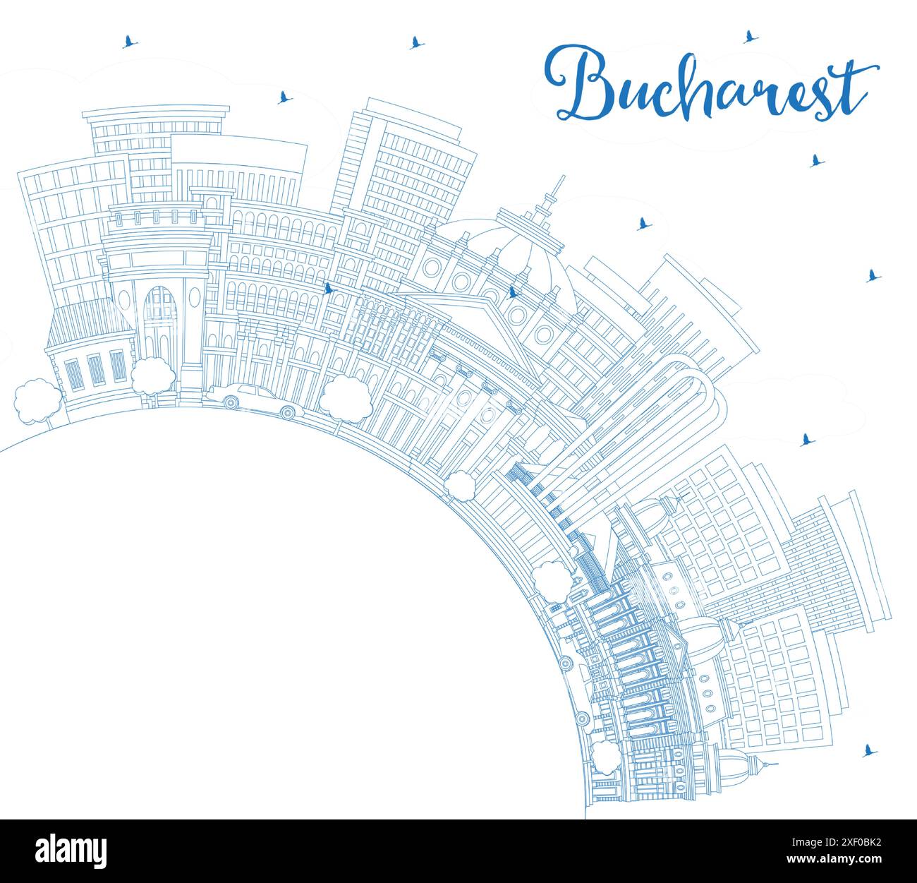 Outline Bucharest Romania City Skyline with Blue Buildings and Copy ...