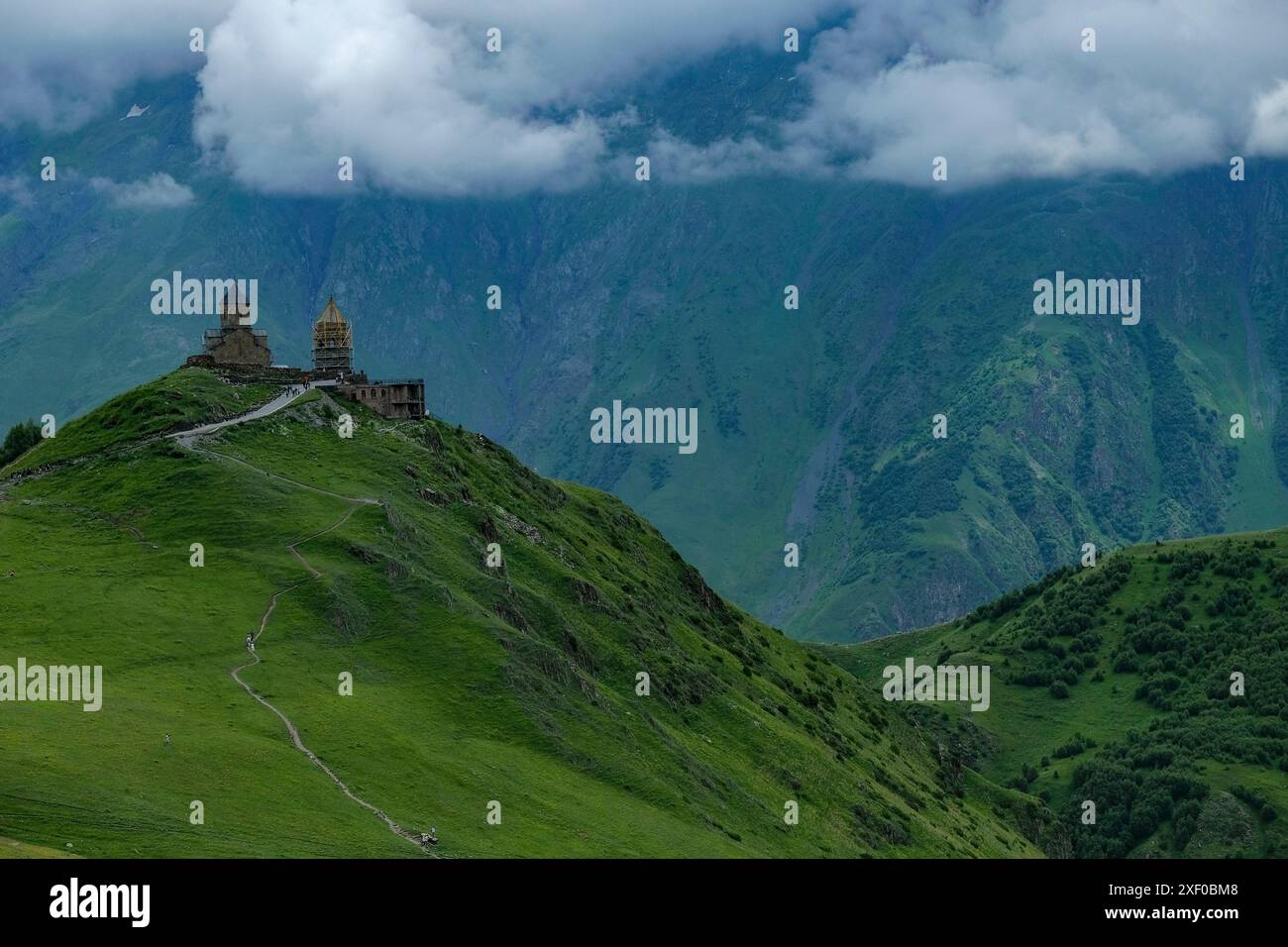 Stepantsminda, Georgia - June 30, 2024: Landscape with the Gergeti ...
