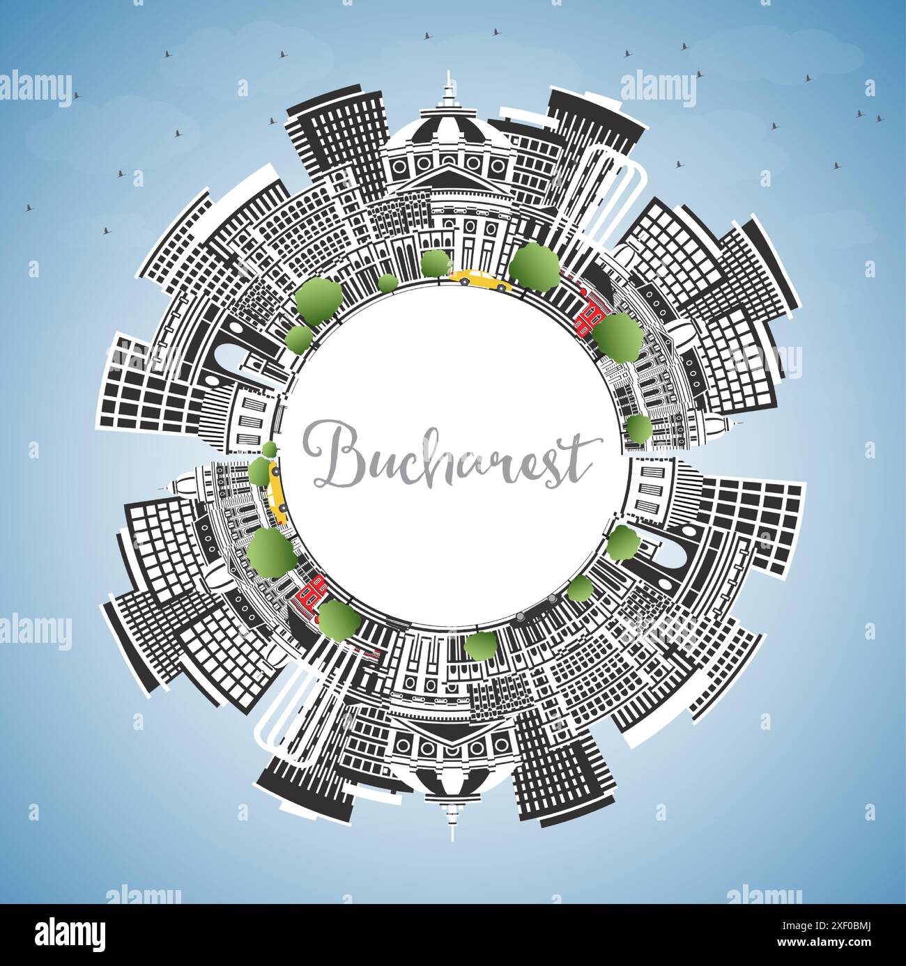 Bucharest Romania City Skyline with Color Buildings, Blue Sky and Copy ...