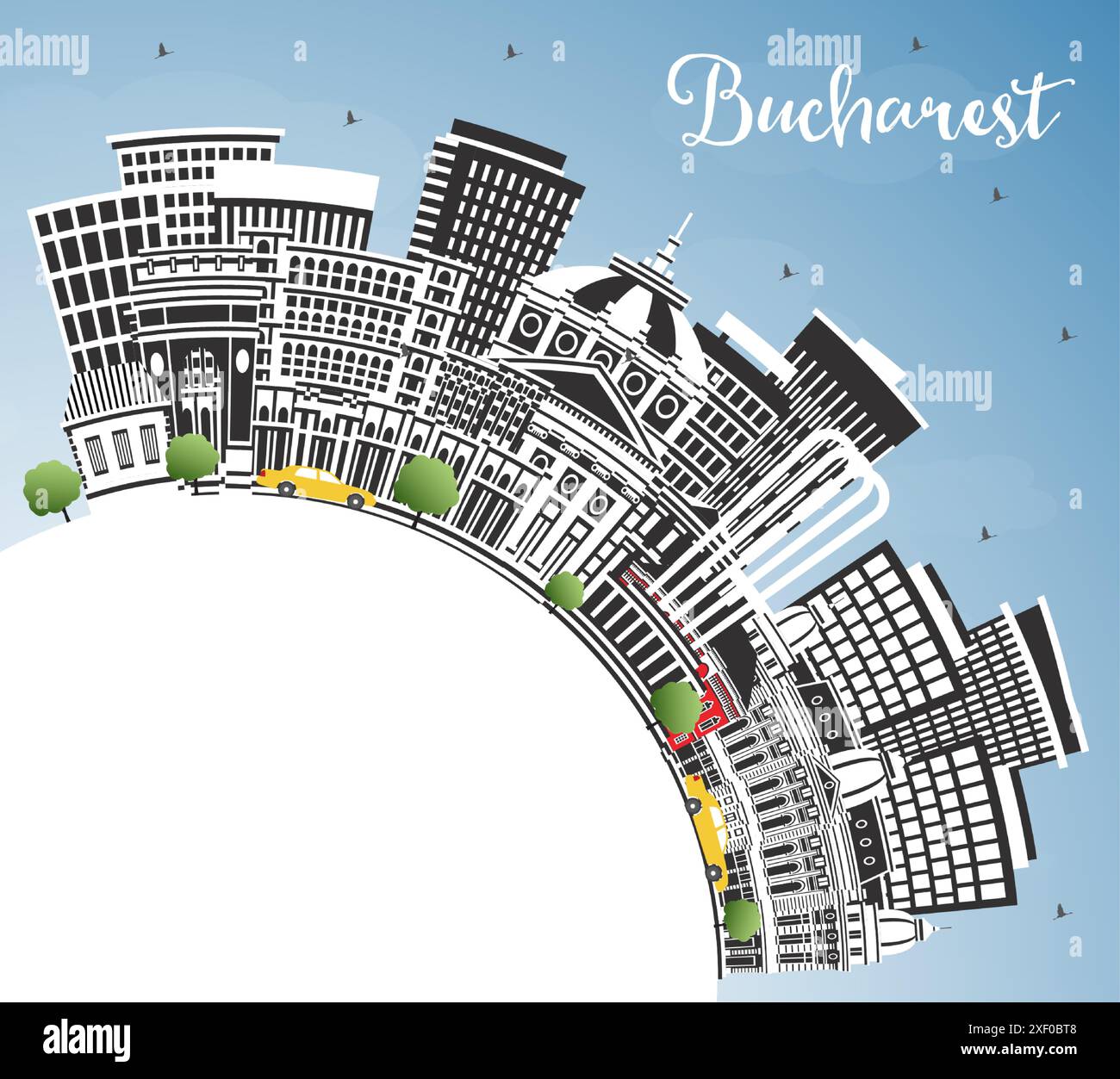 Bucharest Romania City Skyline with Color Buildings, Blue Sky and Copy ...