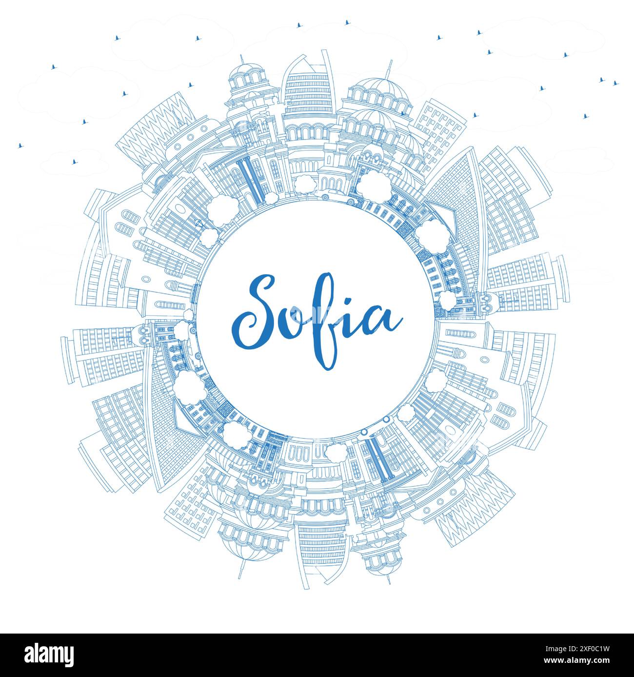 Outline Sofia Bulgaria City Skyline with Blue Buildings and Copy Space ...