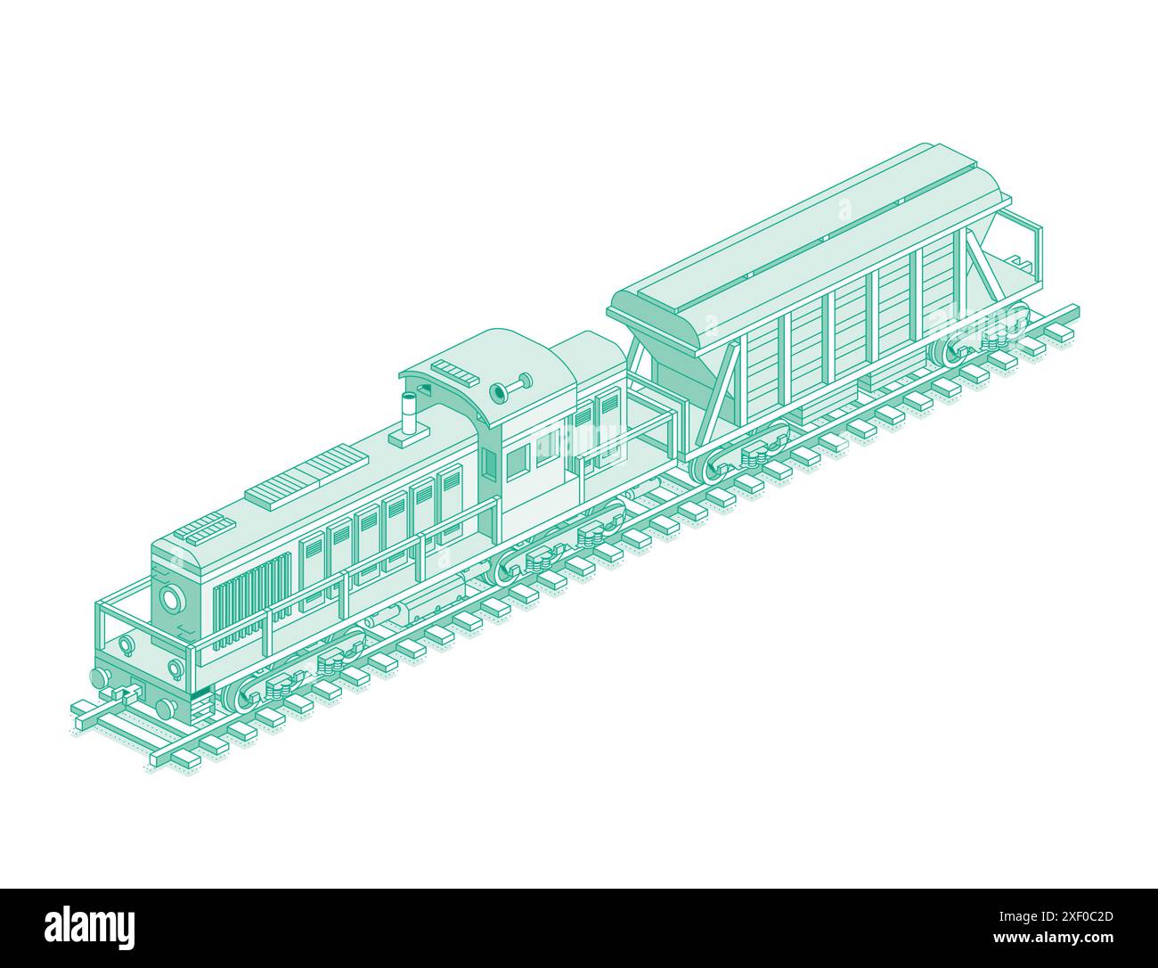 Isometric locomotive with hopper car. Vector illustration. Railway ...