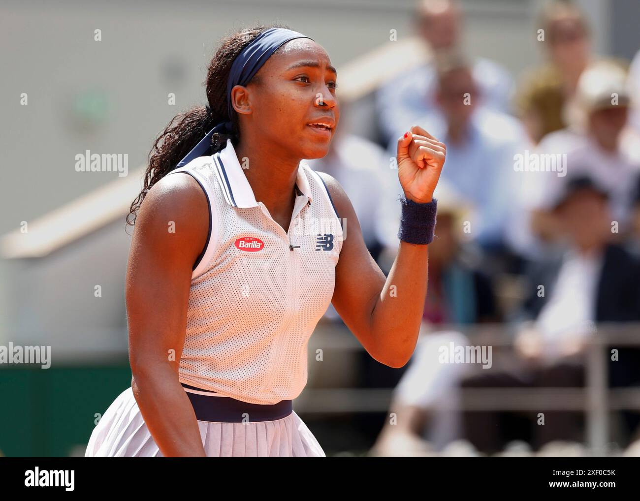 American tennis player Coco Gauff celebrating at the French Open 2024,Roland Garros, Paris ...