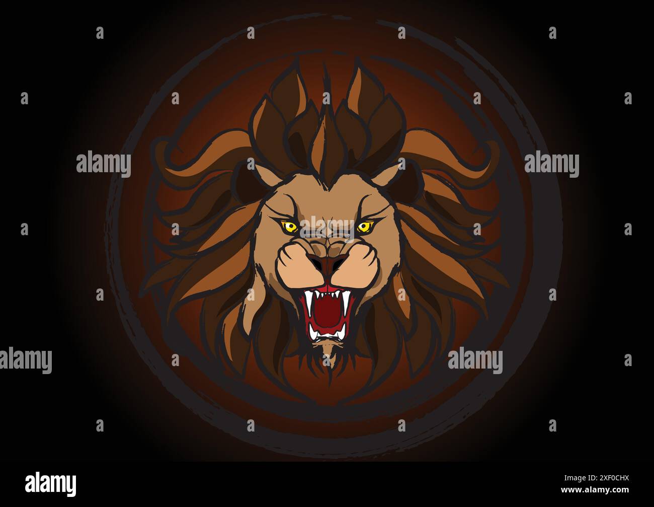 Powerful lion roaring showing its fangs on black background Stock ...