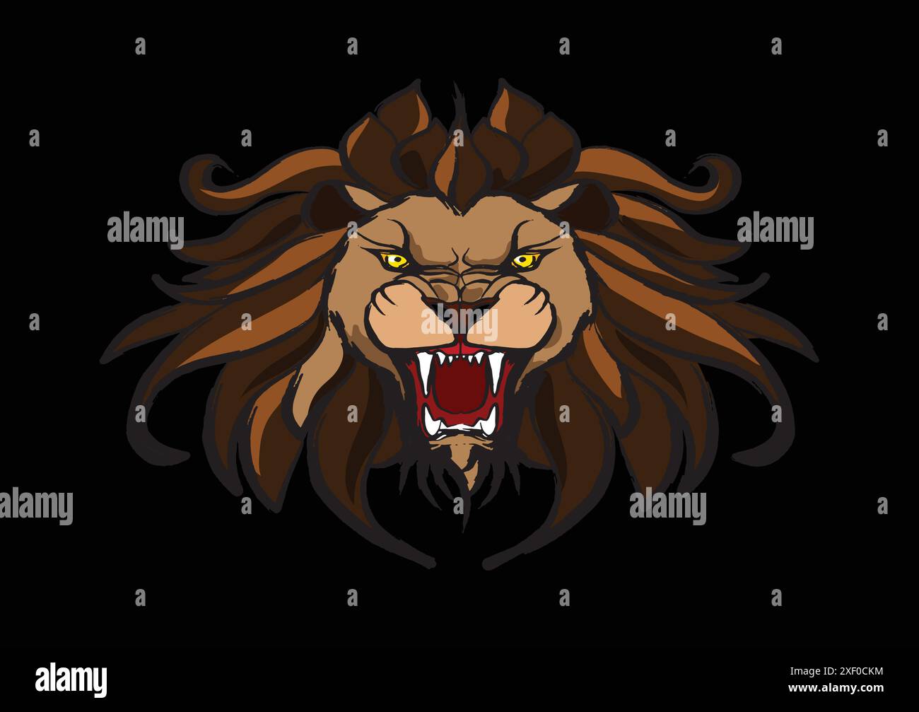 Powerful lion roaring showing its fangs on black background Stock ...