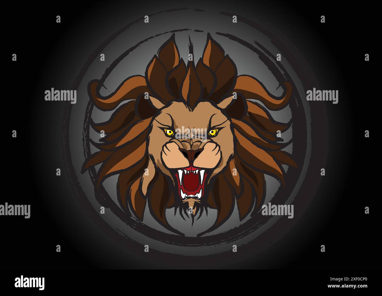 Powerful lion roaring showing its fangs on black background Stock ...