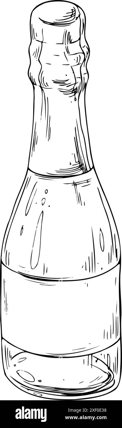 A close bottle with champagne, a wrapper and an empty white label. Line ...