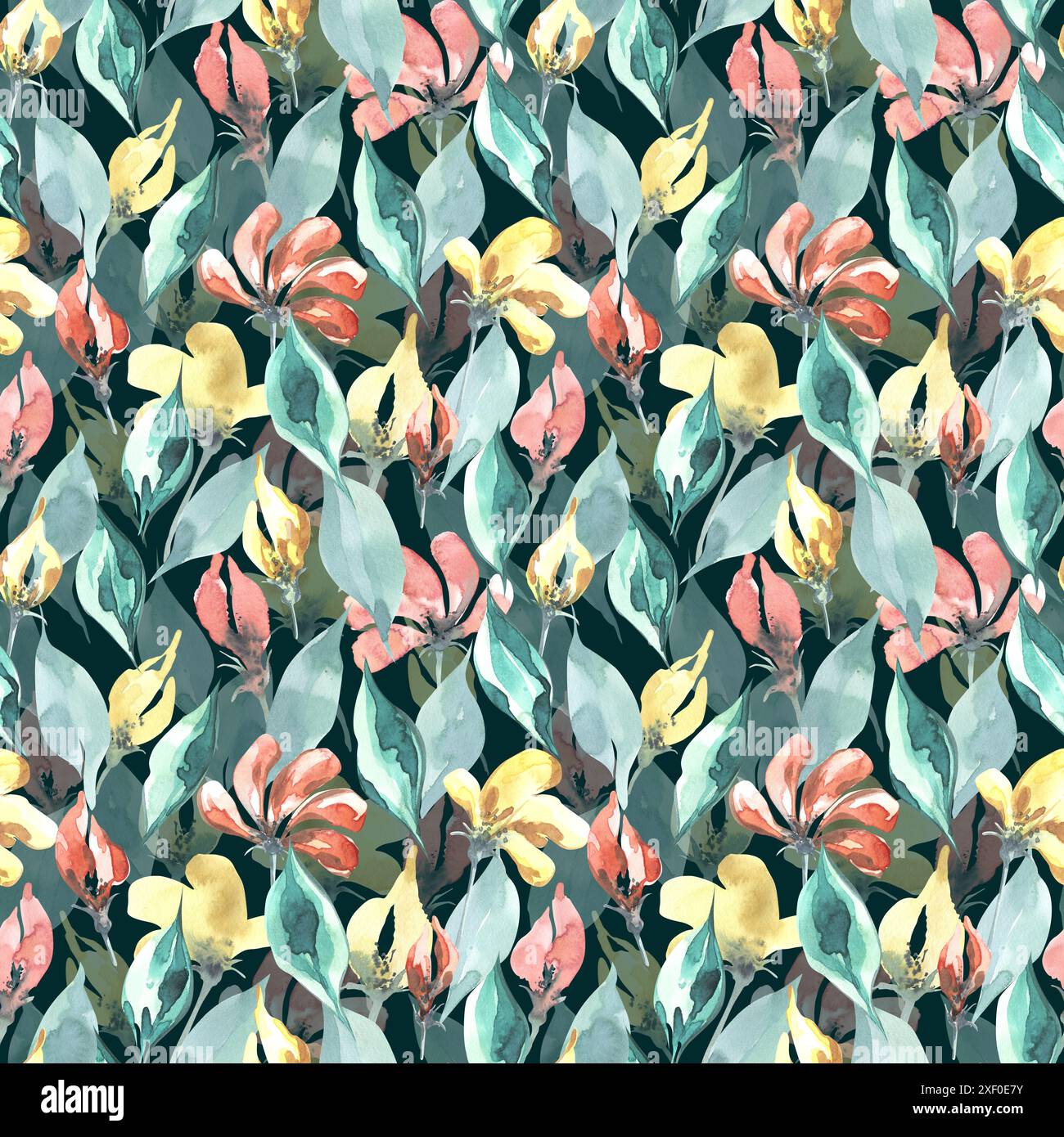 Simple flowers and leaves in the alla prima technique. In coral, yellow ...