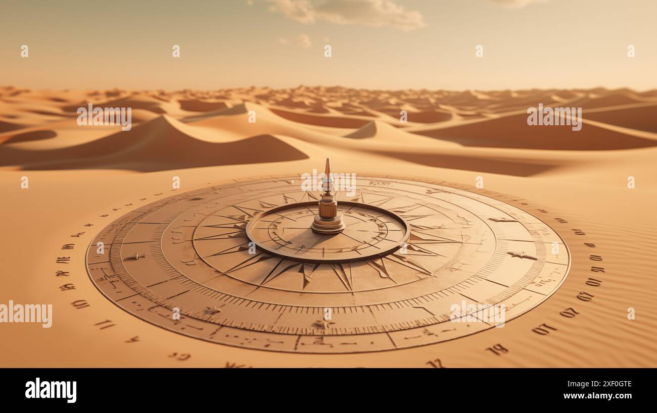 A large compass rose in the middle of a vast desert with sand dunes ...