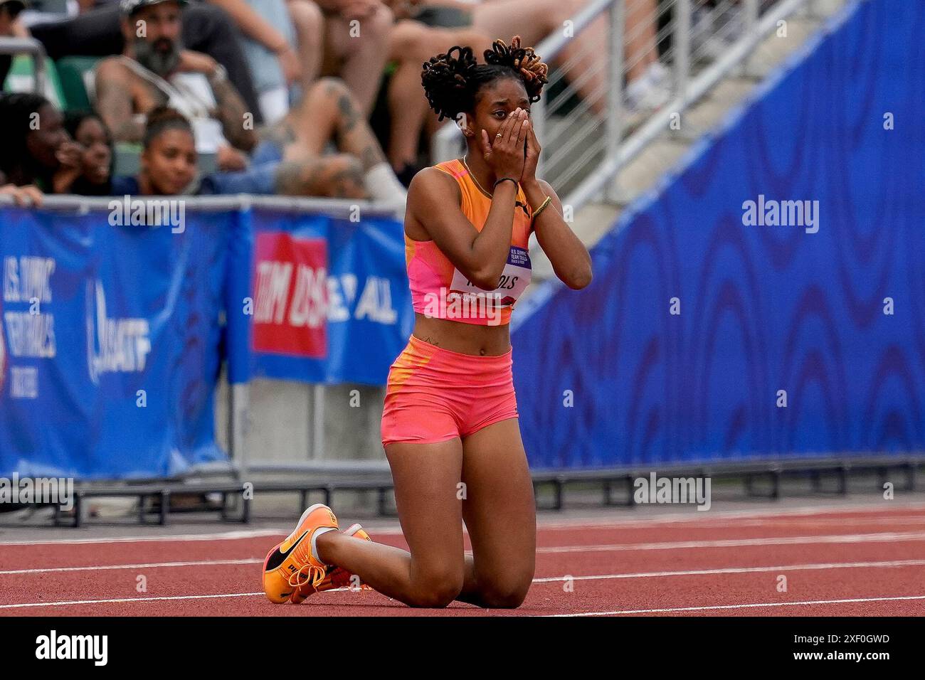 Monae' Nichols celebrates during the women's long jump final during the ...