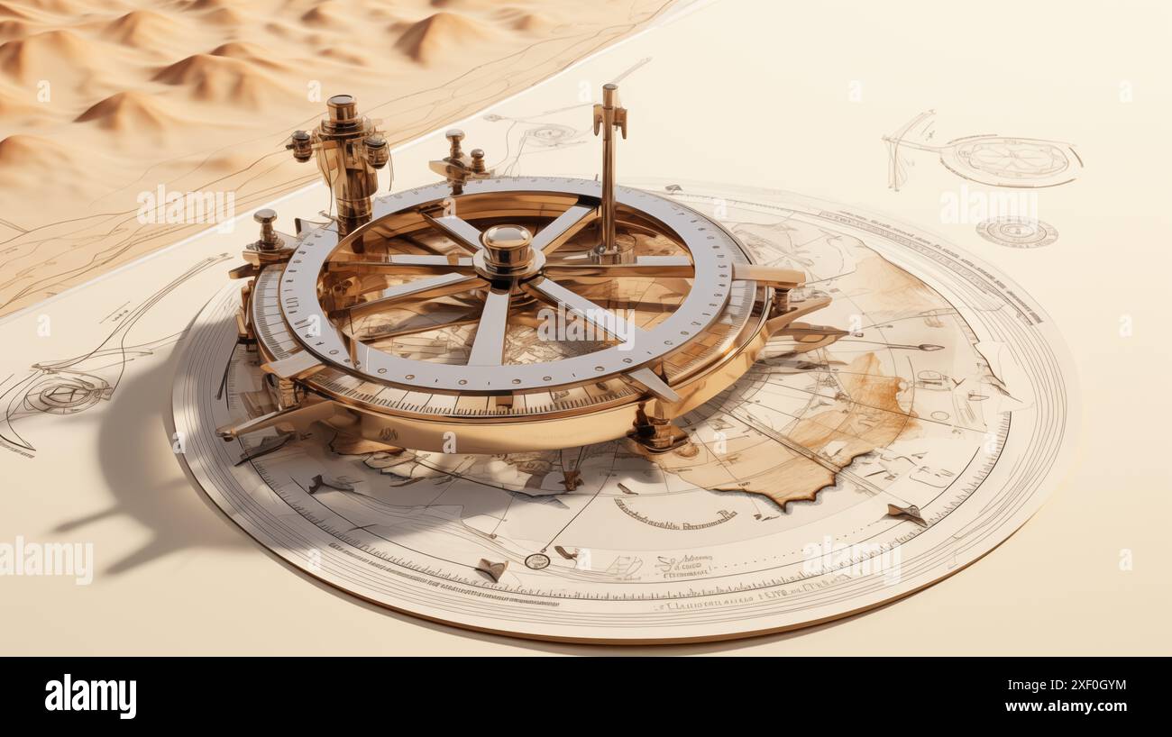 A steampunk-style navigational instrument with gears and brass ...