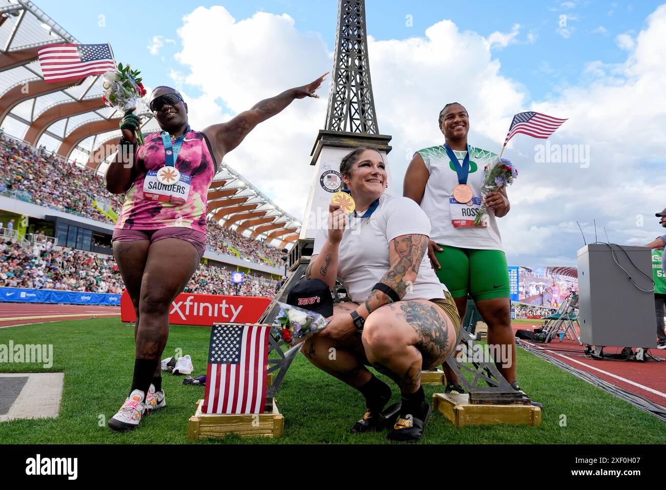 Raven Saunders, Chase Jackson and Jaida Ross celebrate after the women ...
