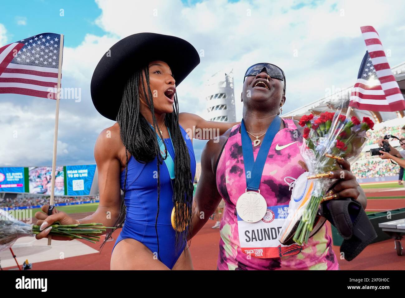 Tara Davis-Woodhall celebrates after winning the women's long jump ...