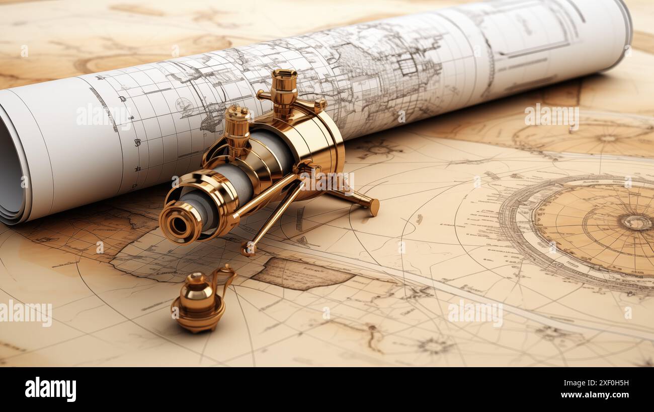 A vintage brass telescope and compass placed on an old nautical map ...