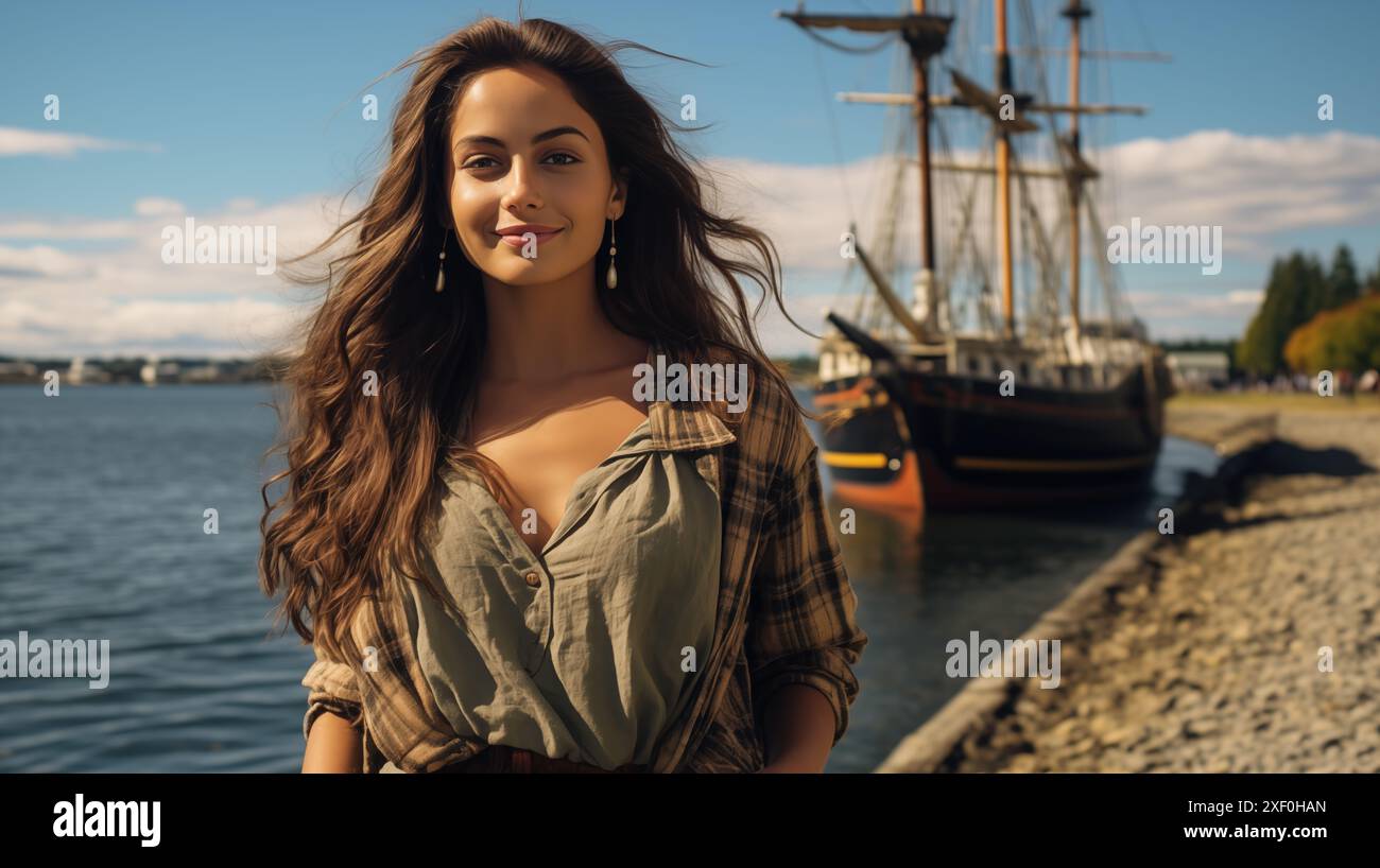 A woman with long brown hair stands by the waterfront with a historic ...