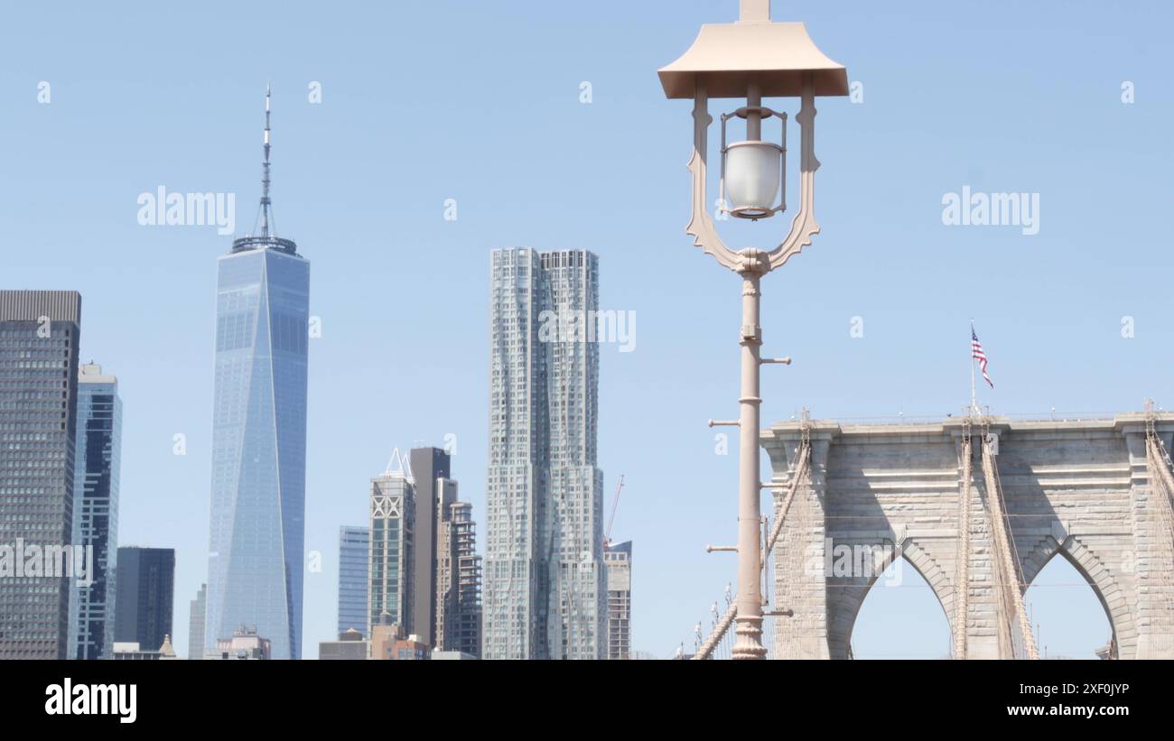 Brooklyn Bridge to Manhattan downtown. New York City skyline ...