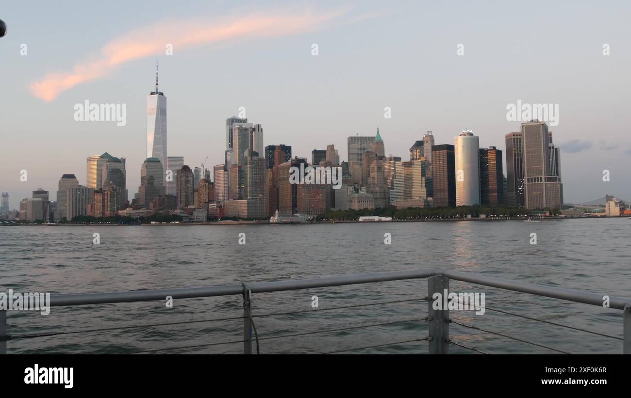 New York City skyline from ferry boat to Staten Island. Manhattan ...