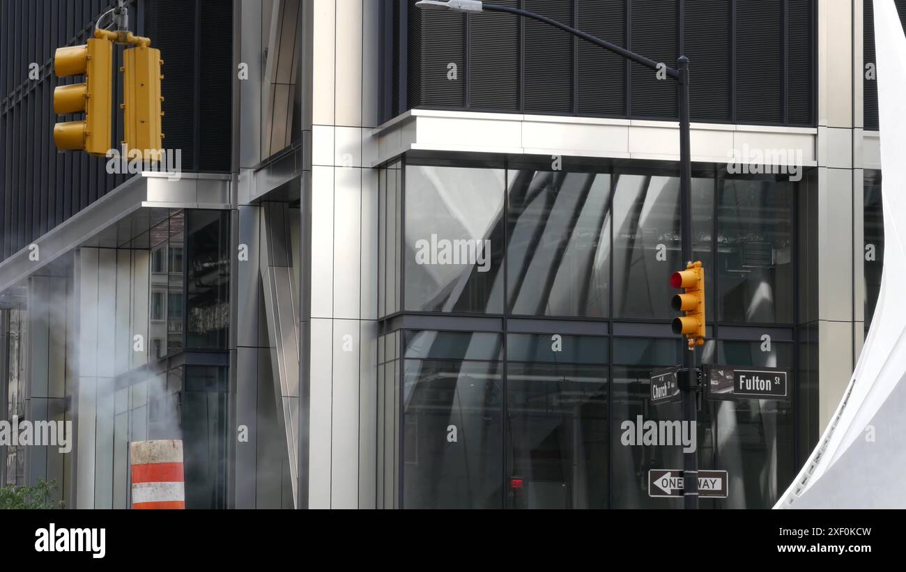Steam vapor vented, New York City Church, Fulton street, orange vapour ...