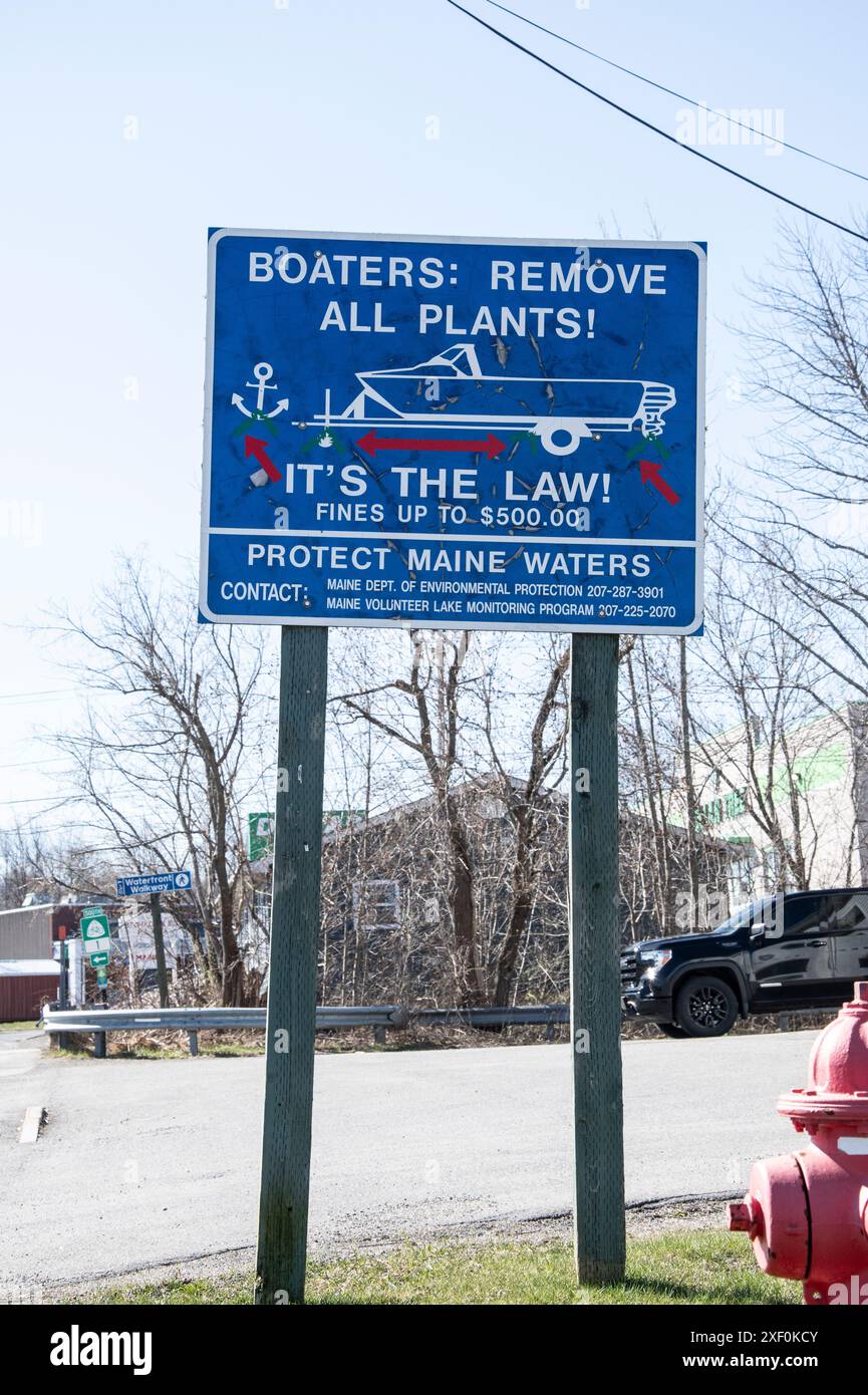 Protect Maine waters sign on Main Street in downtown Calais, Maine, USA ...