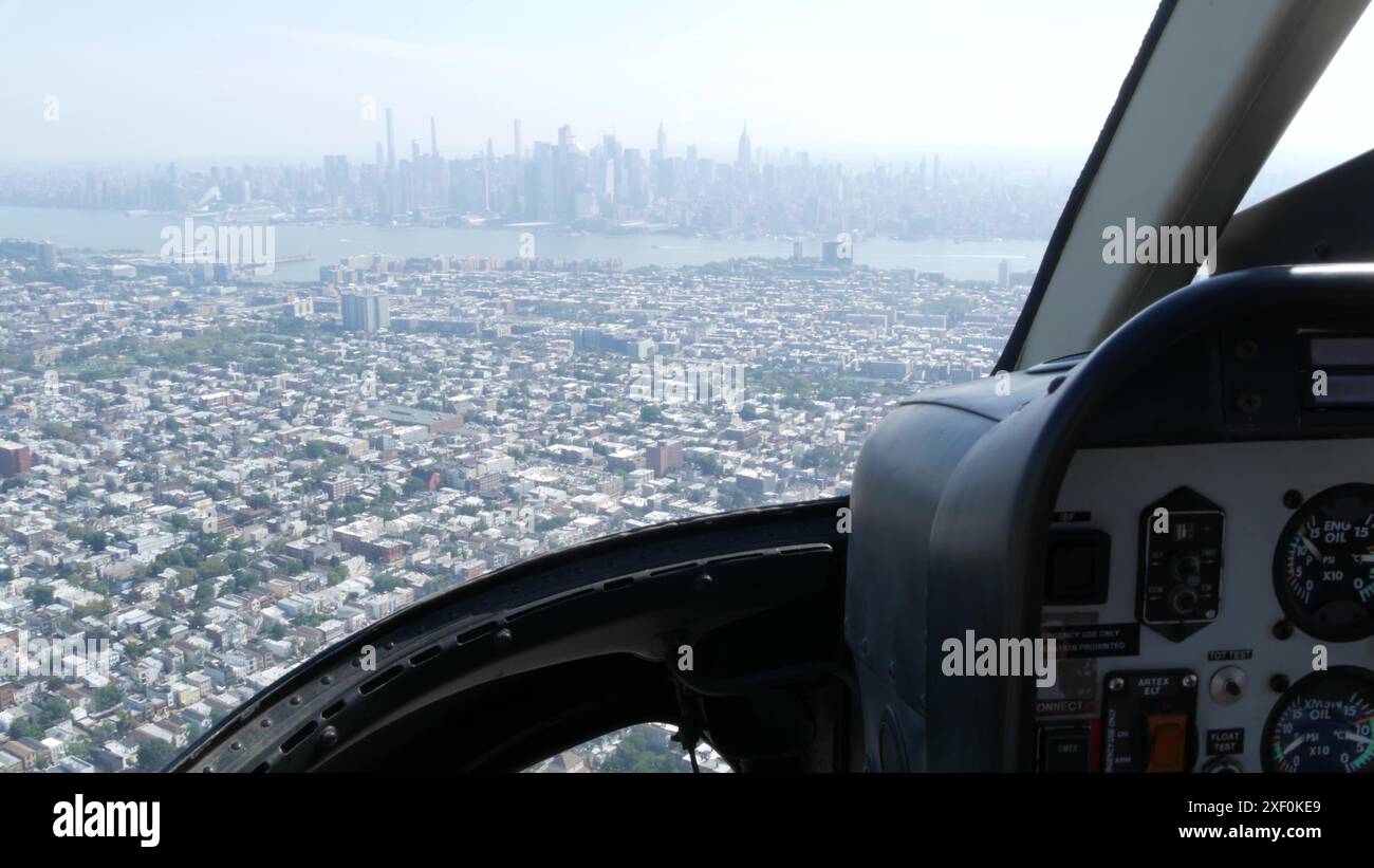 New York City helicopter cabin flight, heli cockpit flying over ...