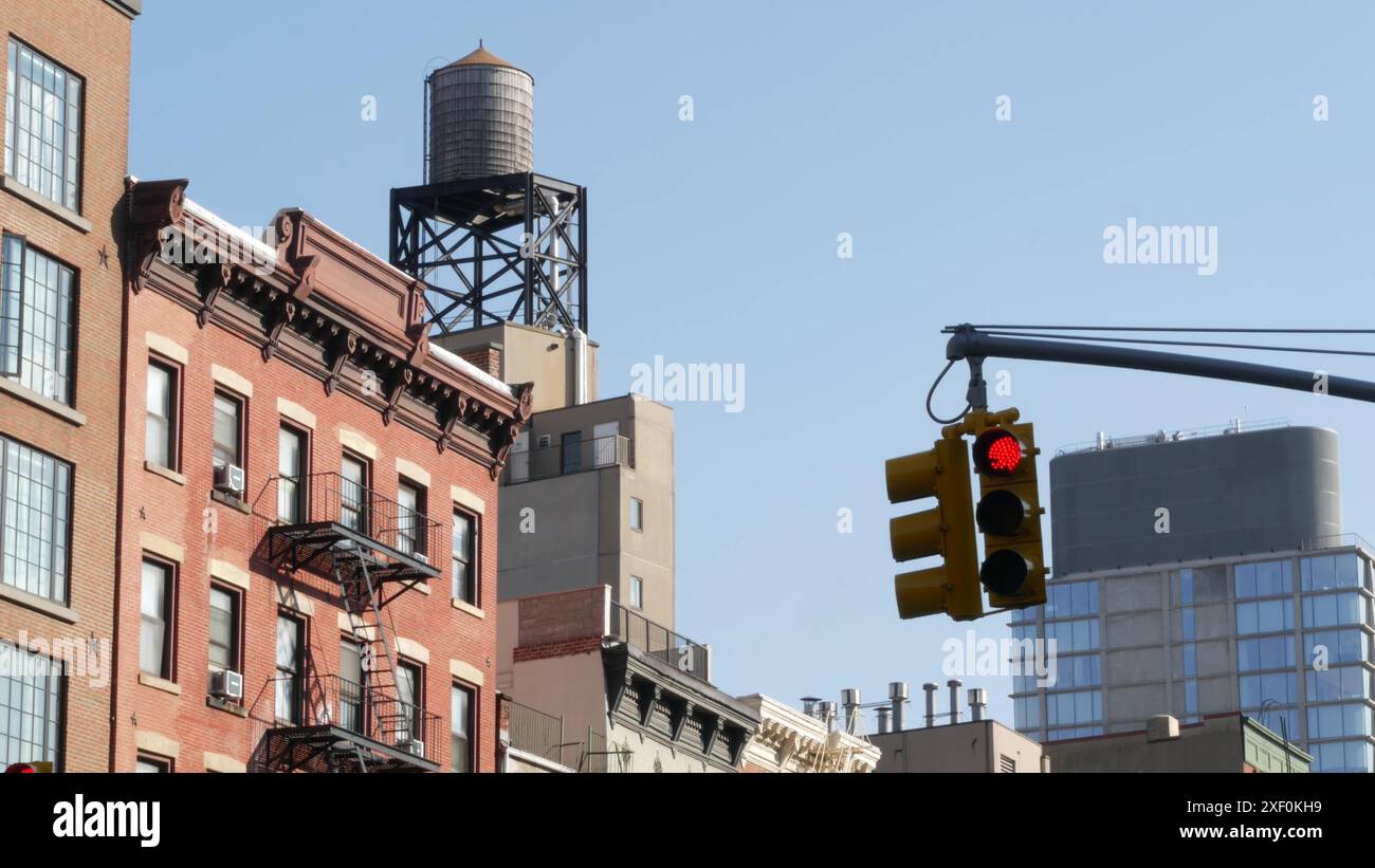 New York City street crossroad, yellow traffic light, transport road ...