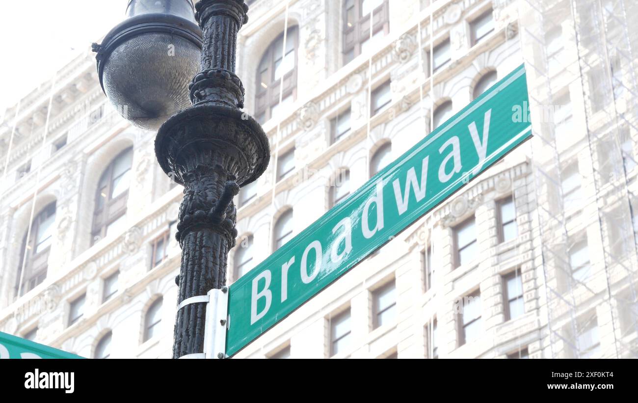 Broadway street road sign, Manhattan midtown district architecture, New ...