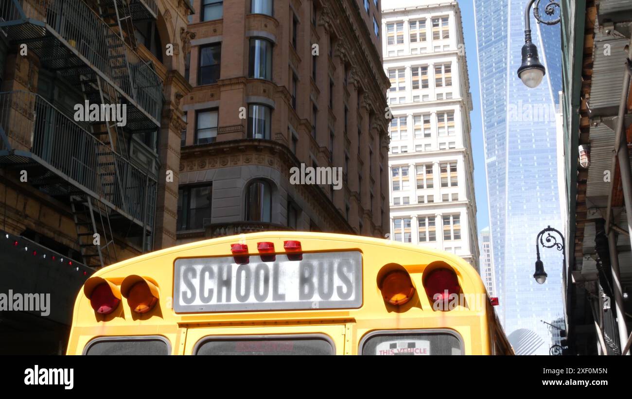 Yellow School Bus. Schoolbus back view on Fulton street, New York City ...