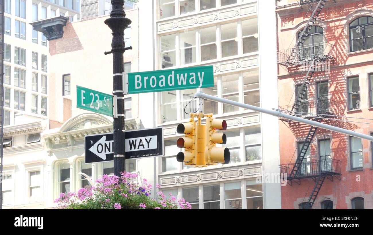 Broadway street road sign, Manhattan midtown architecture, New York ...