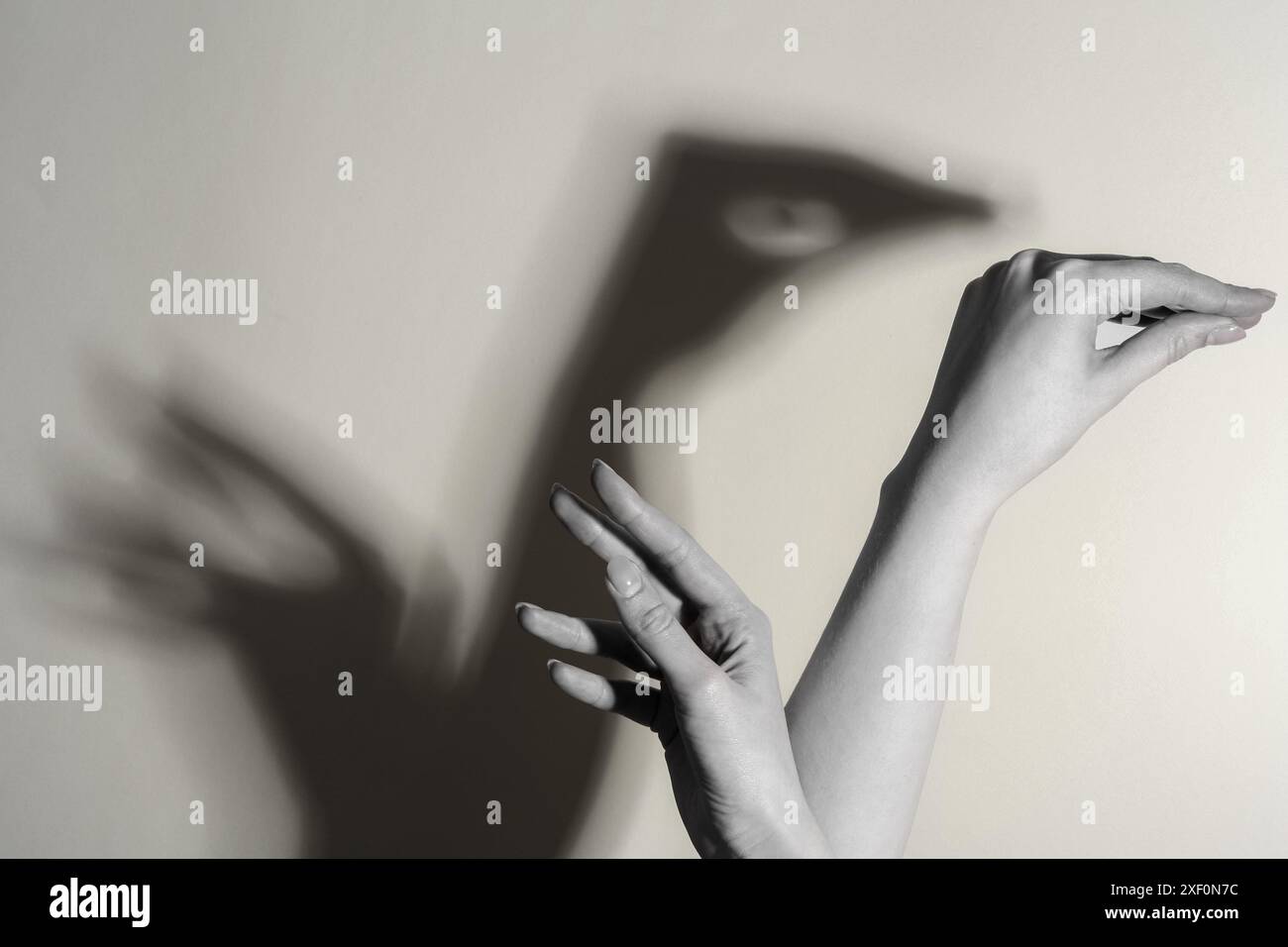 Shadow puppet. Woman making hand gesture like swan on light background ...