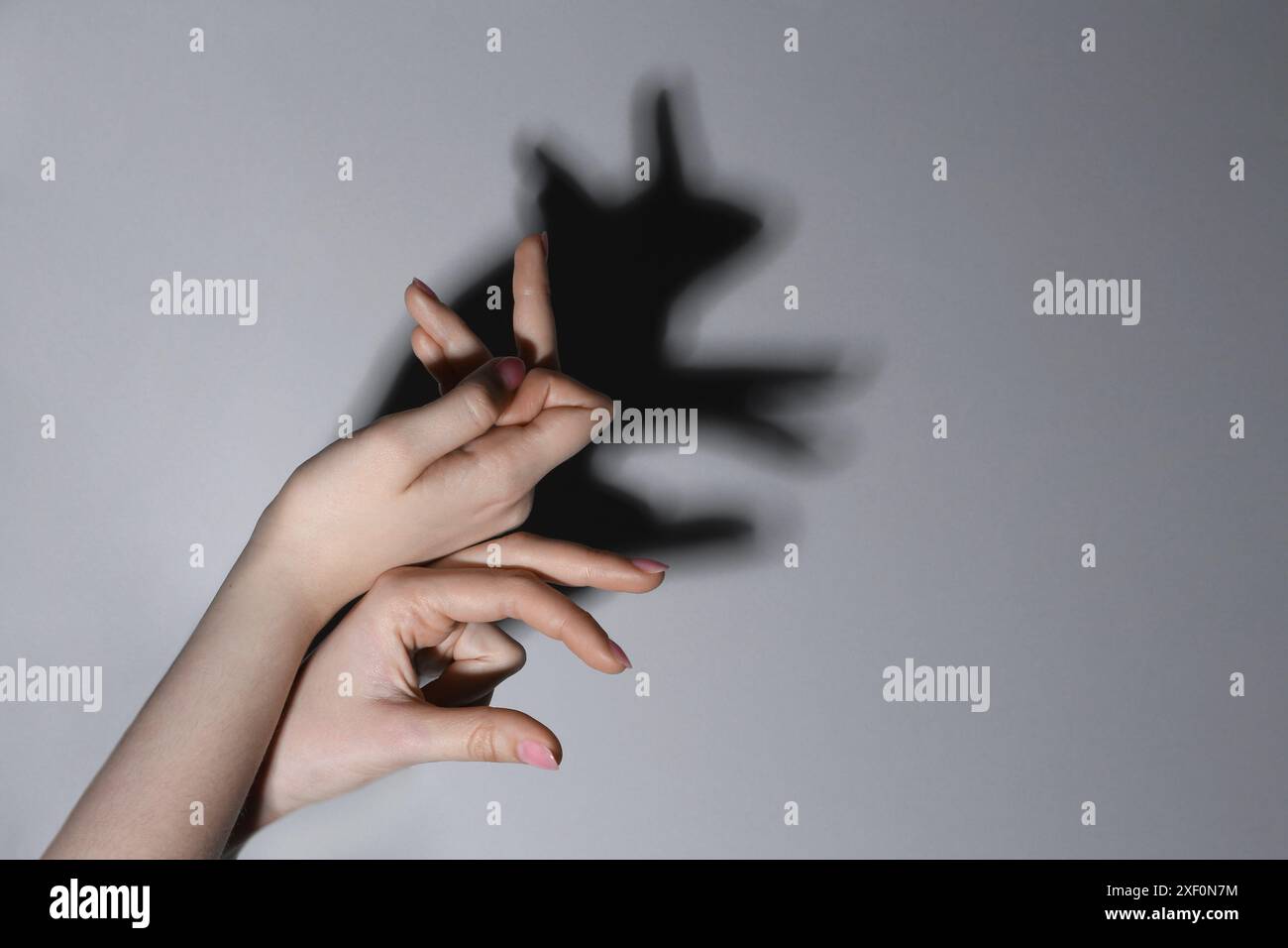 Shadow puppet. Woman making hand gesture like rabbit on grey background ...
