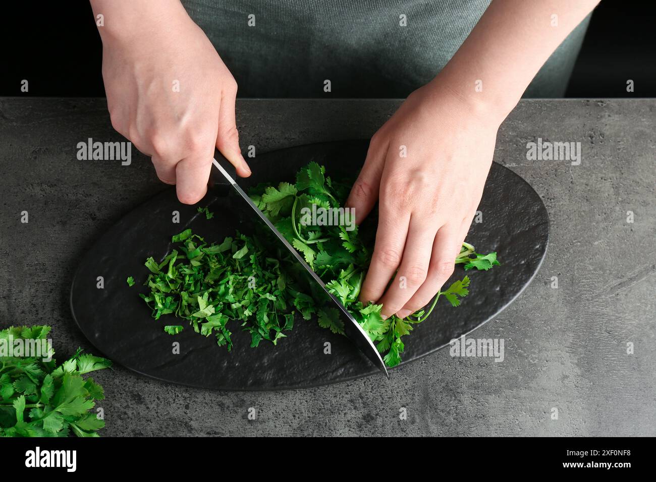 Woman cutting fresh coriander at grey textured table, top view Stock ...
