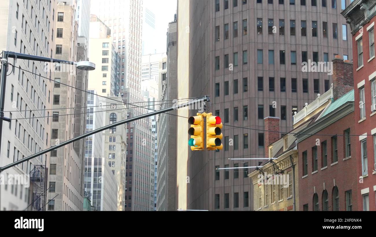 New York City Water street crossroad, yellow traffic light, transport ...