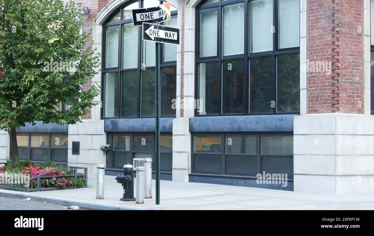 New York City street crossroad, transport road intersection. Corner in ...