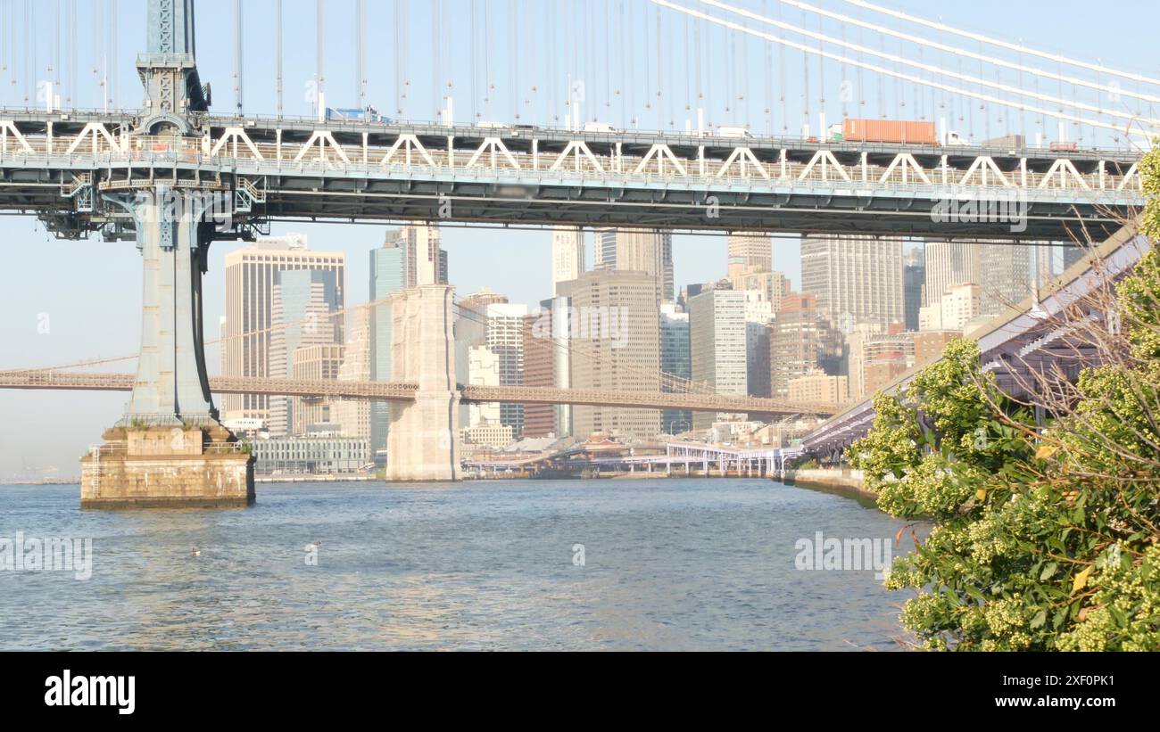 New York City Manhattan Bridge to Brooklyn. Waterfront downtown skyline ...