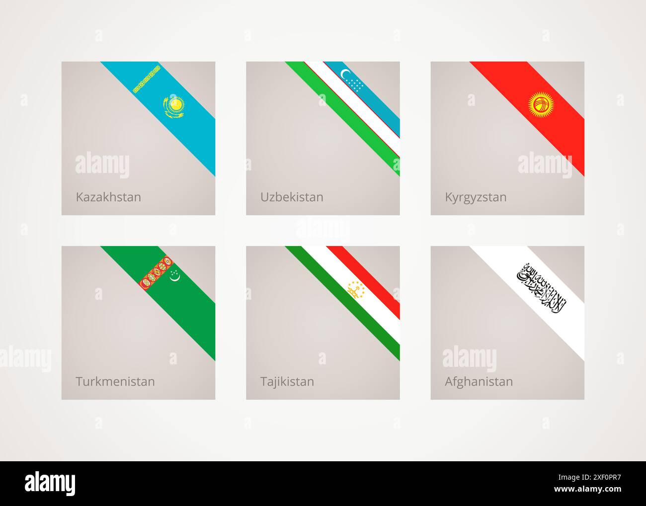 Corner slanted ribbon flags of Kazakhstan, Tajikistan, Turkmenistan, Uzbekistan, Kyrgyzstan and ...