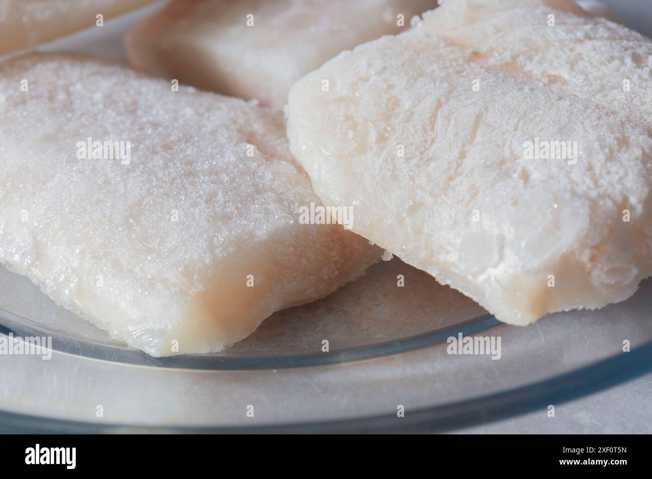 Frozen haddock fillets defrosting on a glass plate. On a light grey ...
