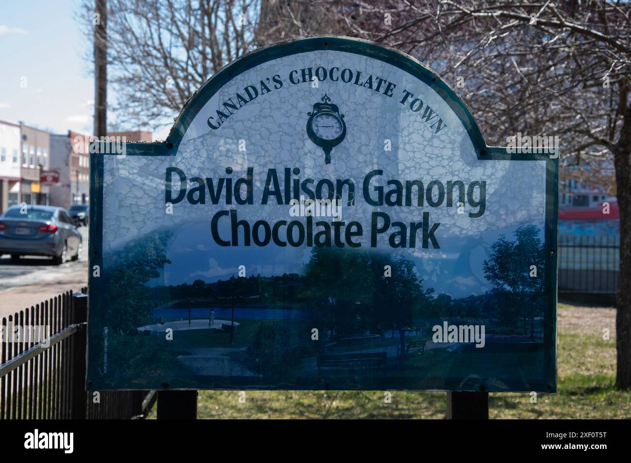 David Alison Ganong Chocolate Park sign in downtown St. Stephen, New ...