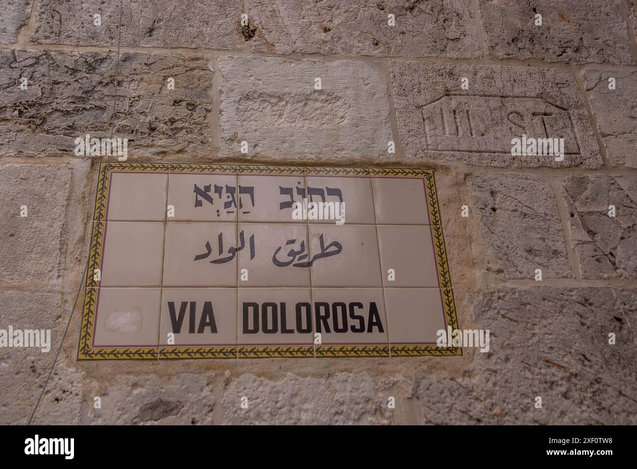 The street sign "Via Dolorosa" marking the historic last path of Jesus ...