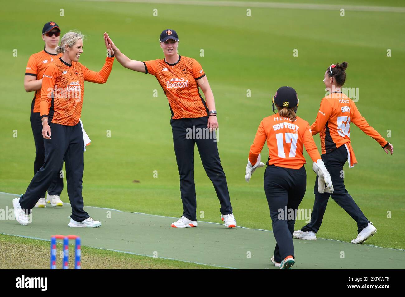 Hove, UK. 30 June 2024. Georgia Adams (left) and Southern Vipers team ...