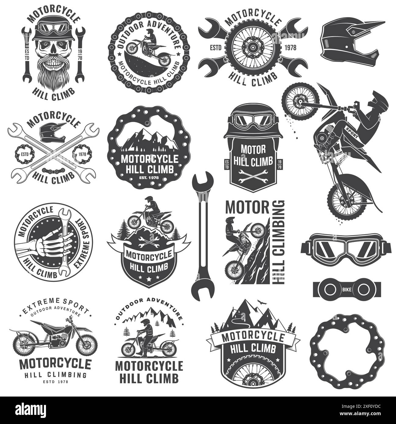 Set of motorcycle hill climb logos, badges, stickers. Vector. Extreme ...
