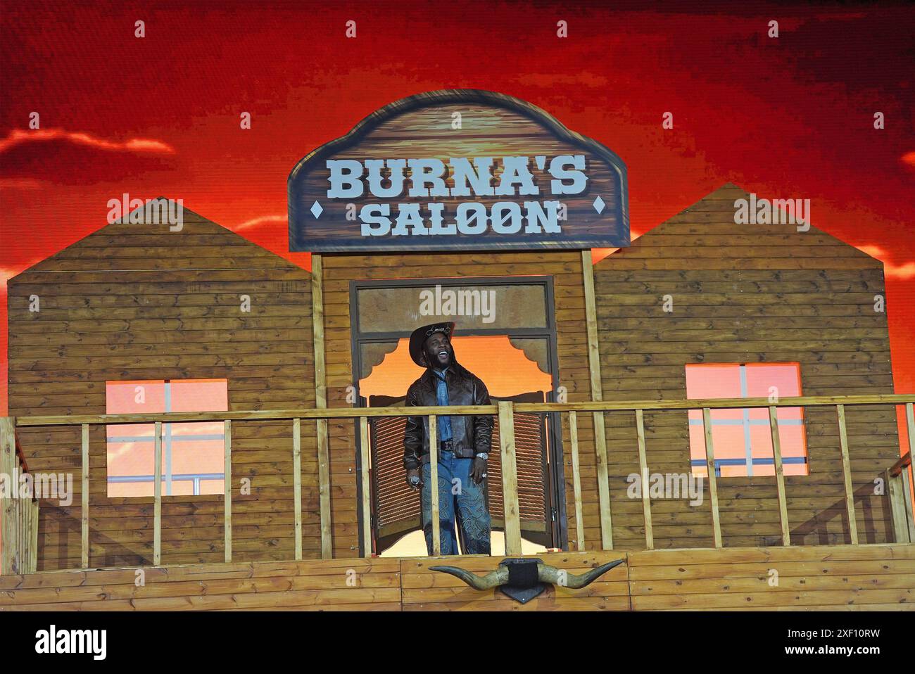 Burna Boy performing on the Pyramid Stage, at the Glastonbury Festival ...