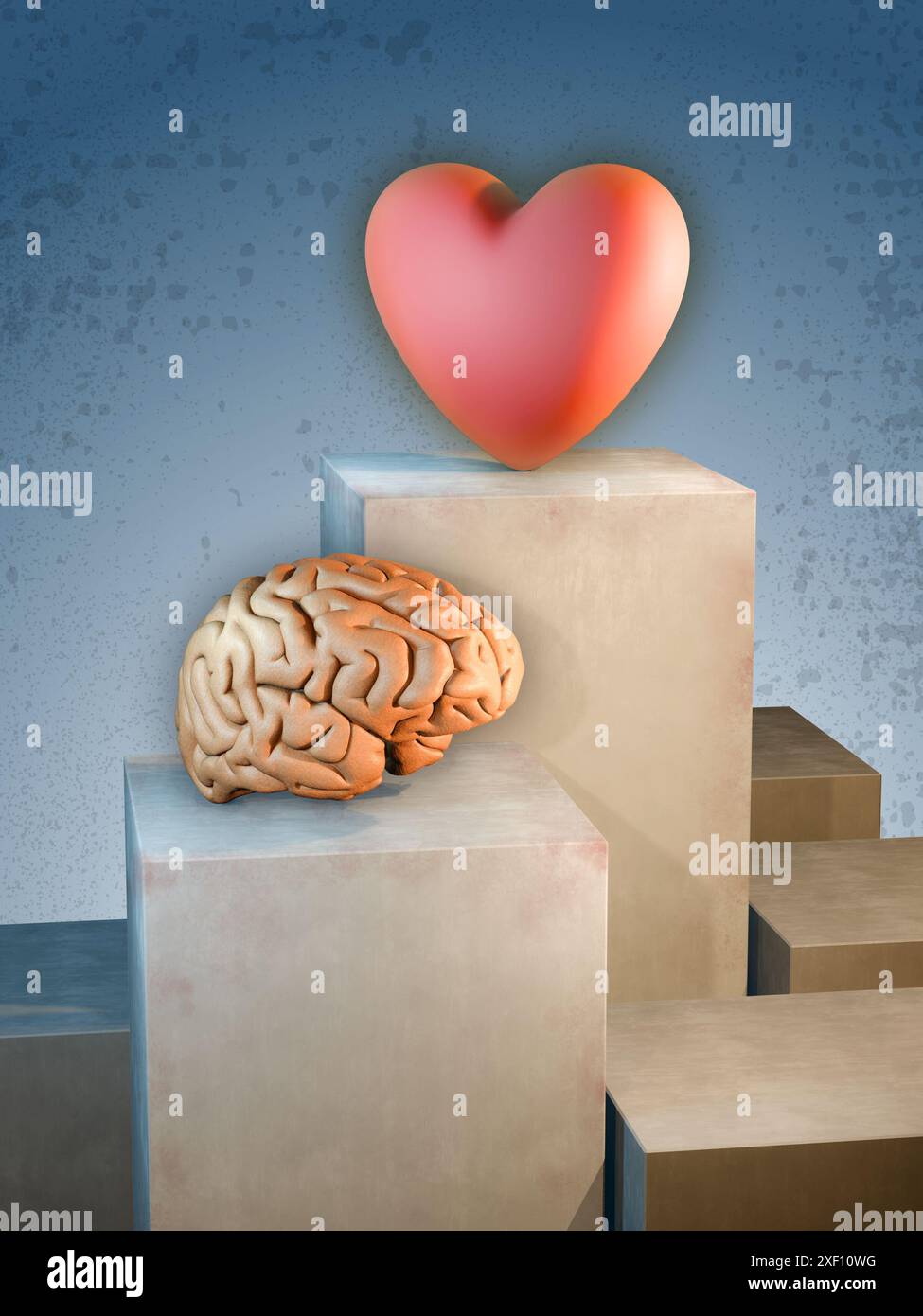 Brain and heart on two stone pillars. Giving priority to passion over ...