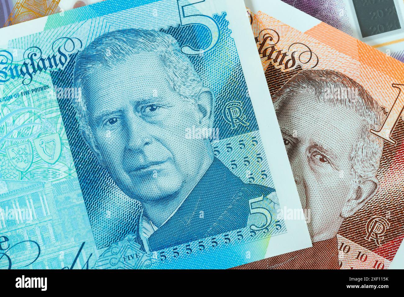 Close up of the first United Kingdom banknotes to feature King Charles ...