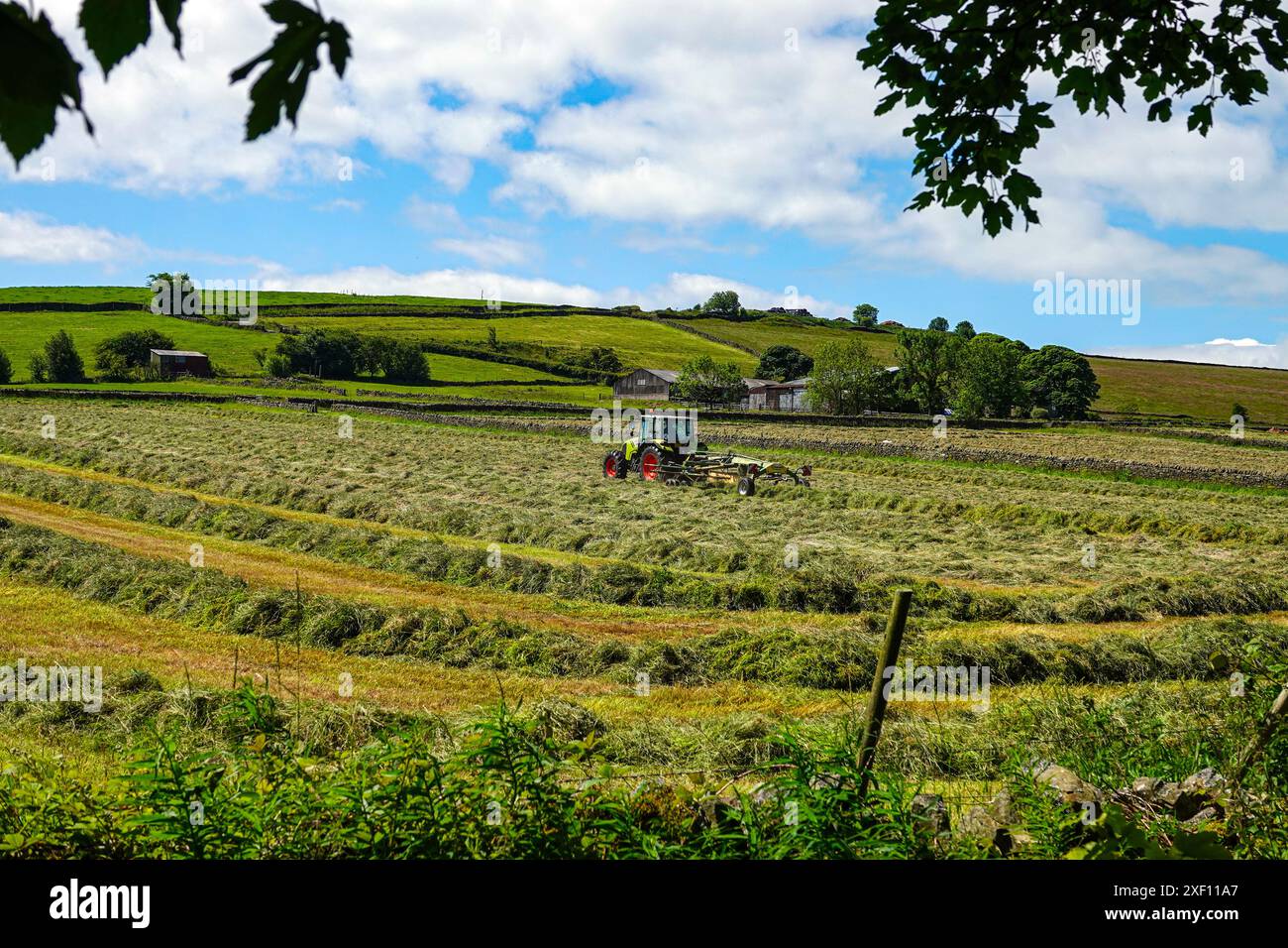Green tractor with red wheels making hay in a field on the outskirts of Sheffield, South ...