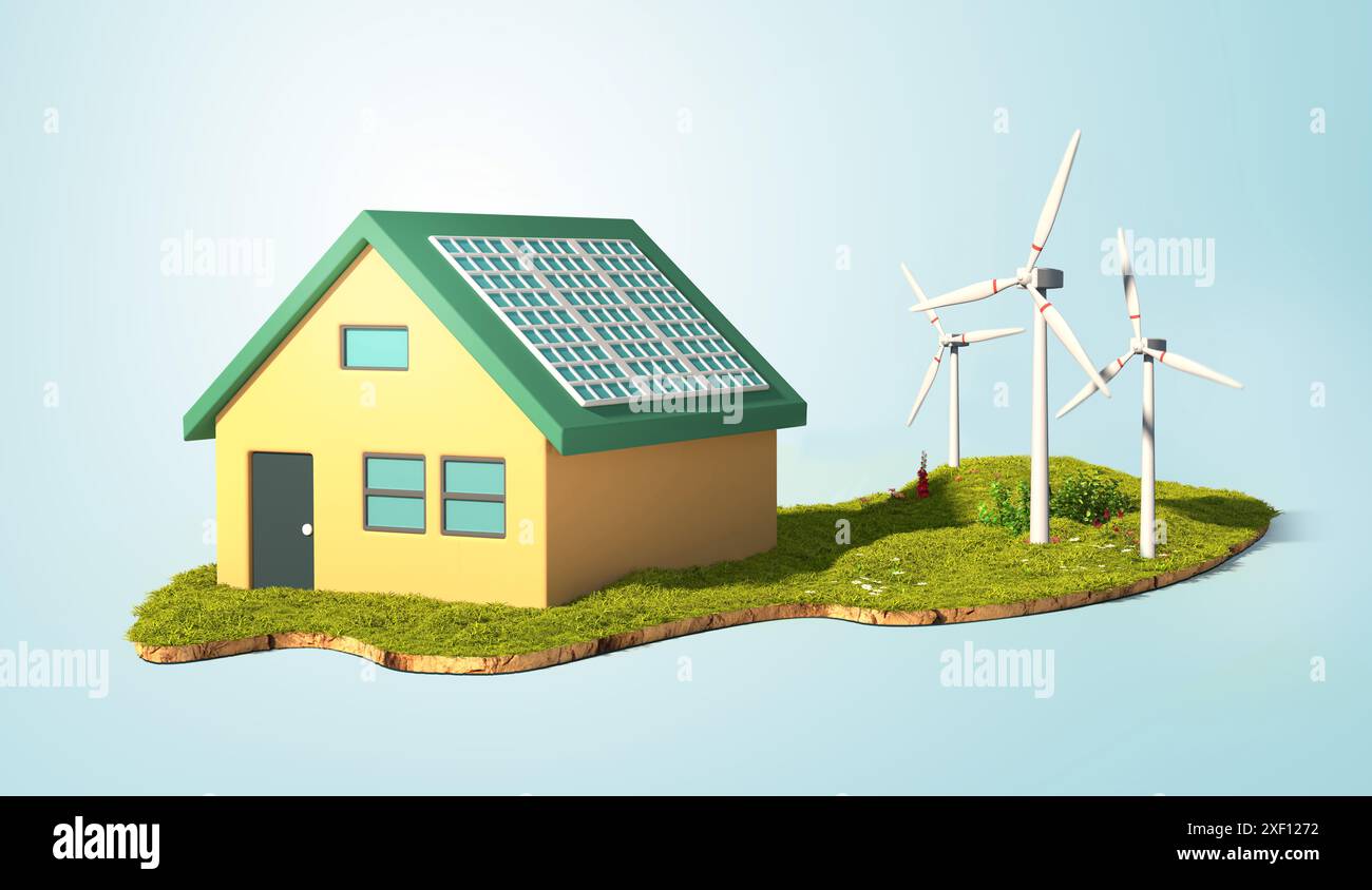 Picture of a house with solar panels and wind turbines on a remote ...