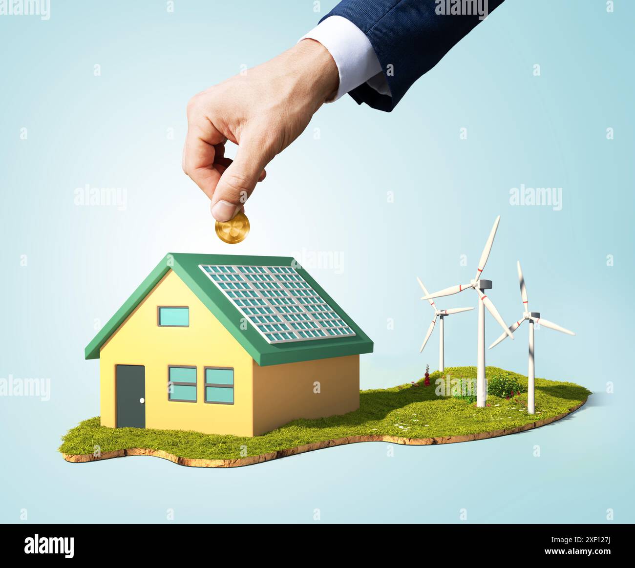 A human hand is inserting a coin into a building equipped with wind ...