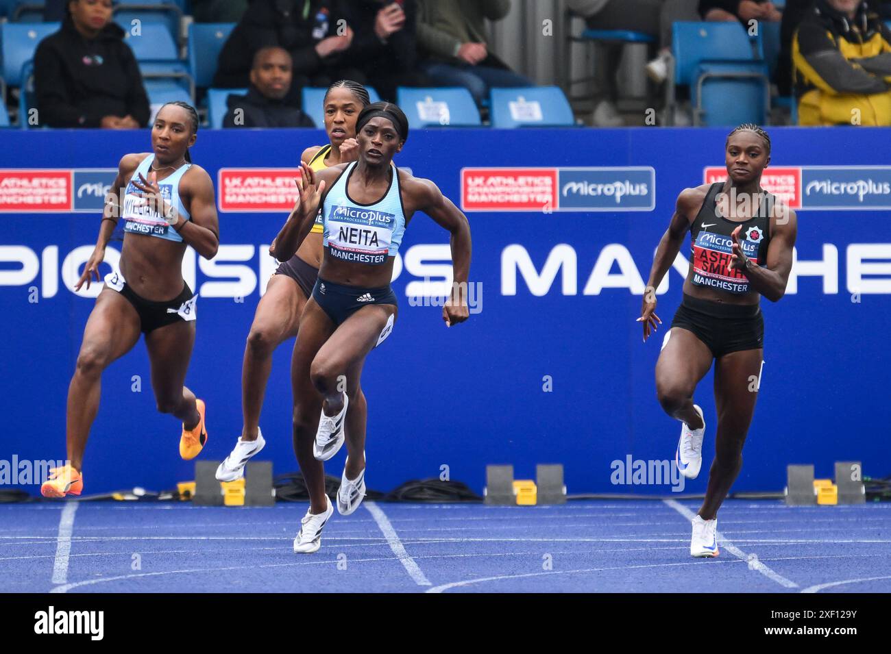 Dina Asher-Smith leads the women’s 200m final during the Microplus UK ...